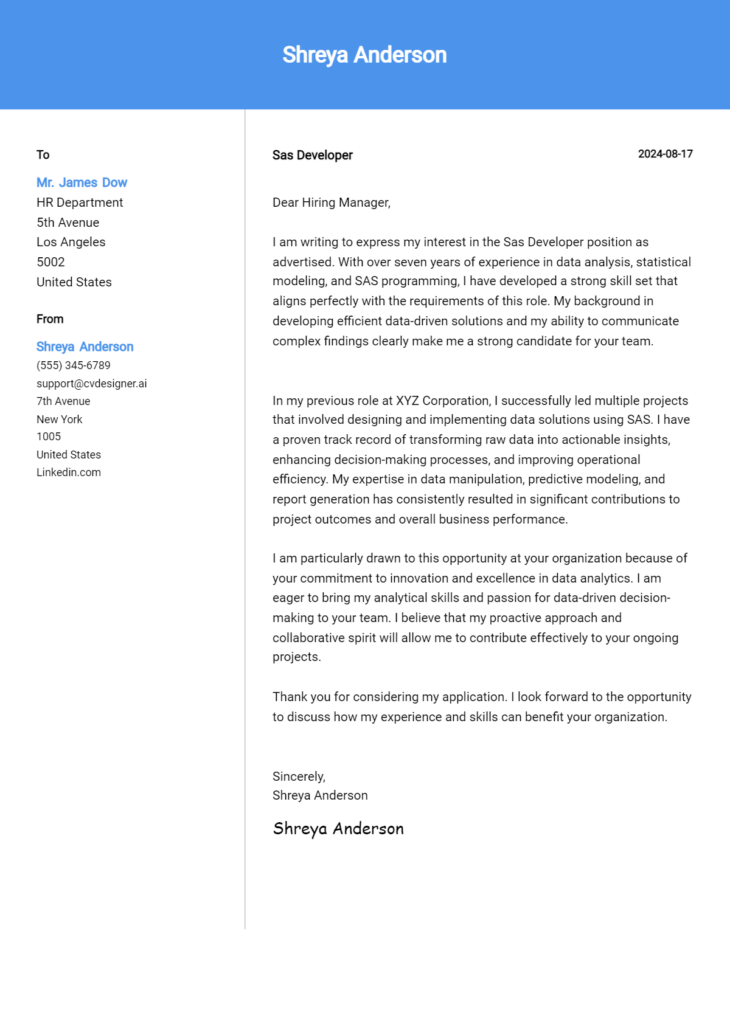 Sas Developer Cover Letter Example for 2024: Expert Tips & Templates ...