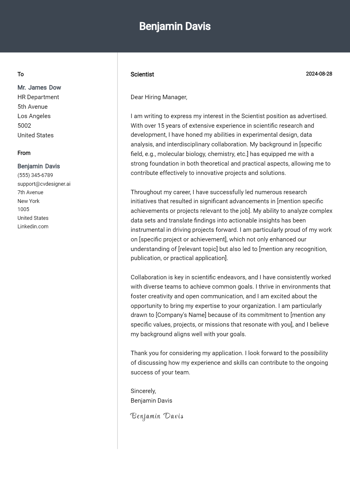 Scientist Cover Letter Example for 2024: Free Templates - CVDesigner.ai