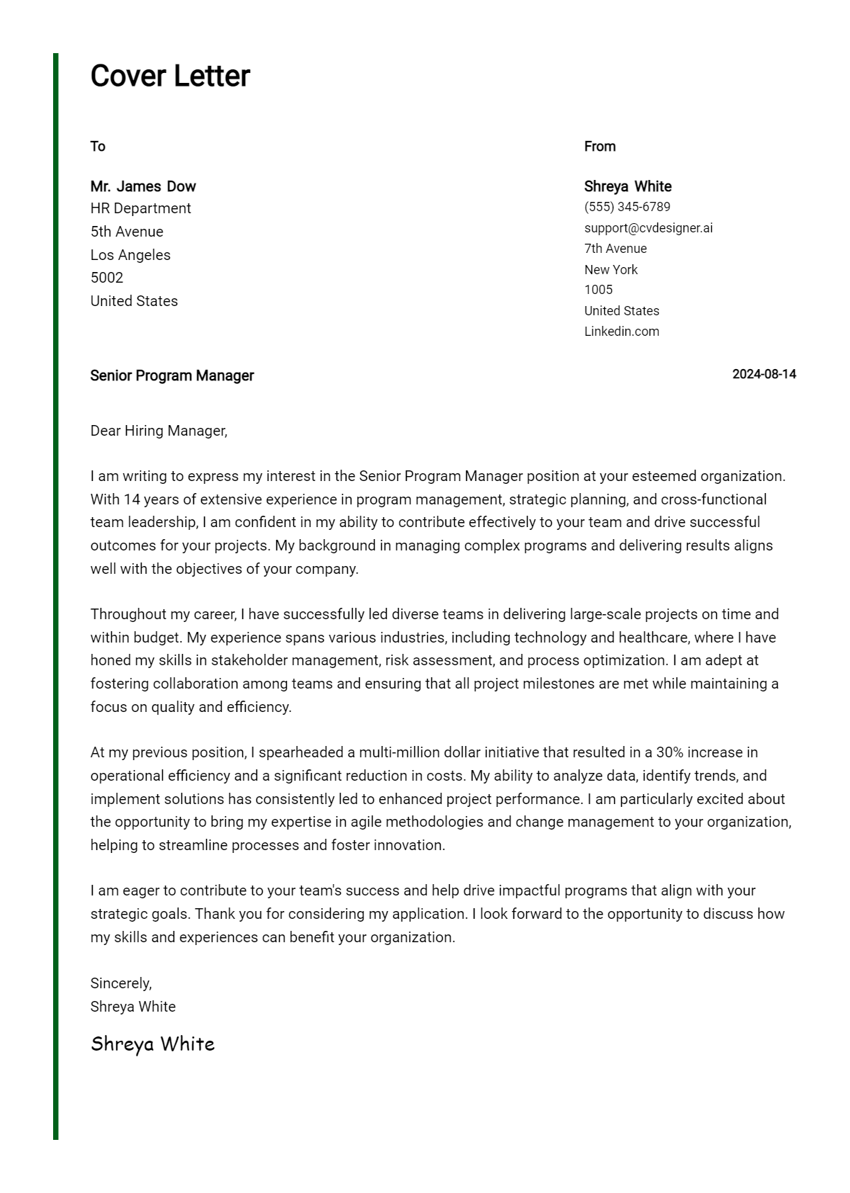 20 Program Manager Cover Letter Examples & Samples for 2024 - CVDesigner.ai