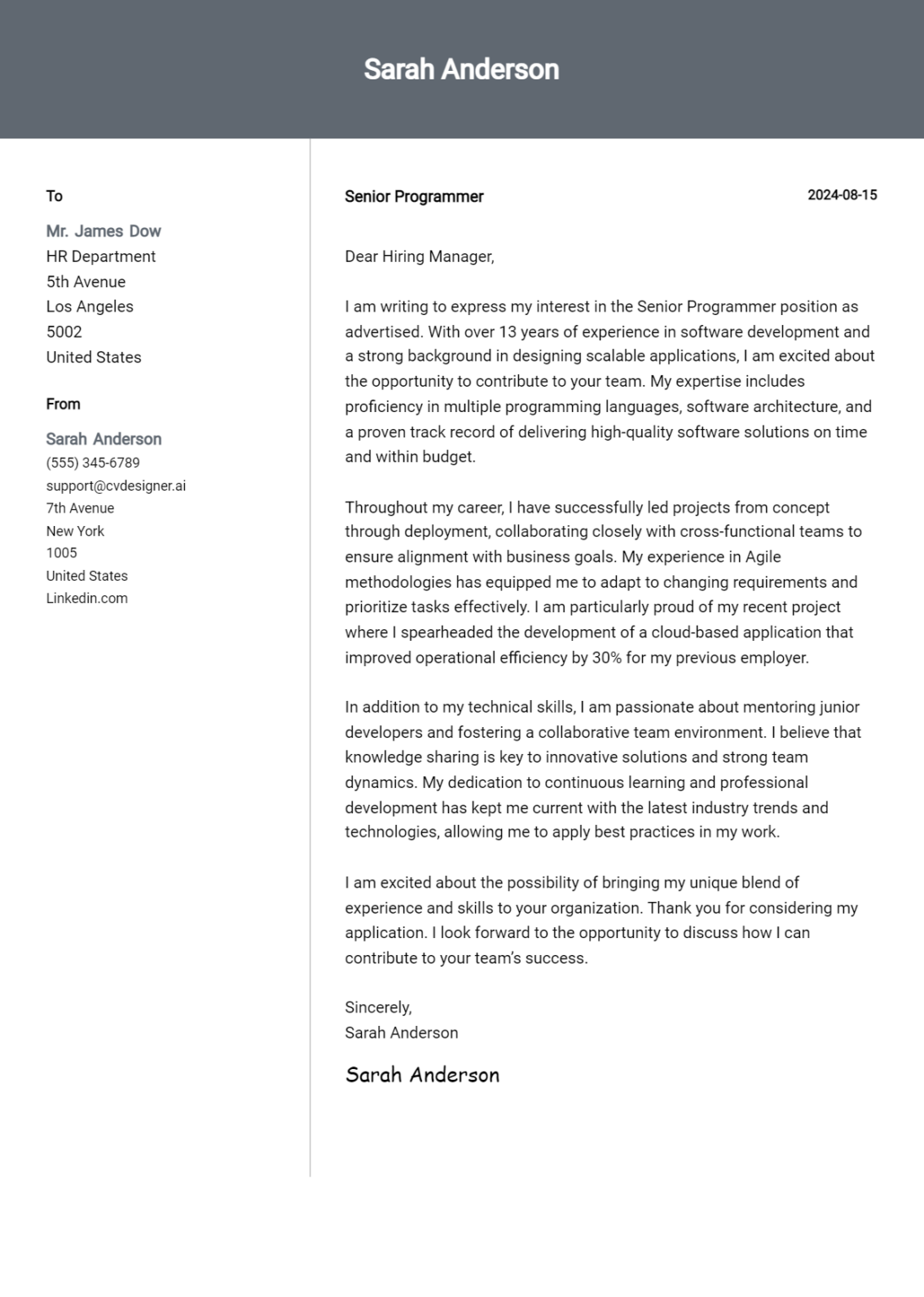 20 Program Manager Cover Letter Examples & Samples for 2024 - CVDesigner.ai