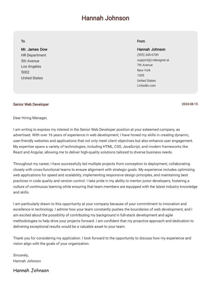 Senior Web Developer Cover Letter Examples & Samples for 2024 ...
