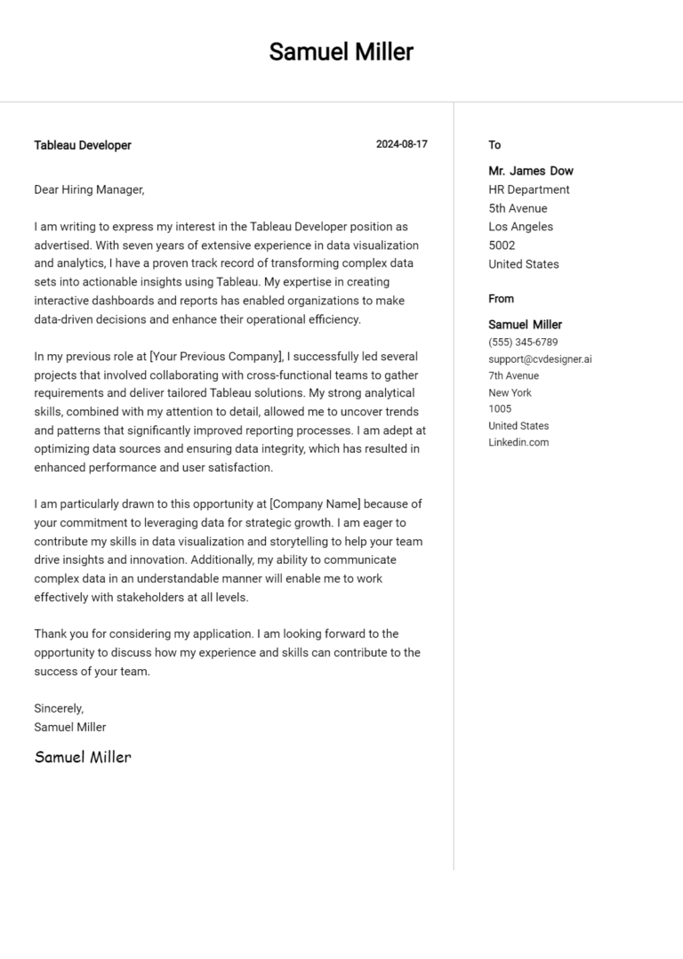 Tableau Developer Cover Letter Examples & Samples for 2024 - CVDesigner.ai