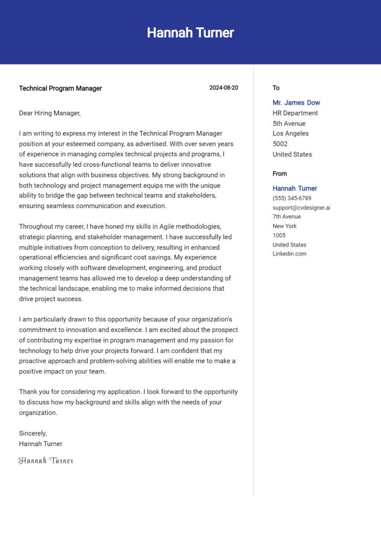 20 Program Manager Cover Letter Examples & Samples for 2024 - CVDesigner.ai