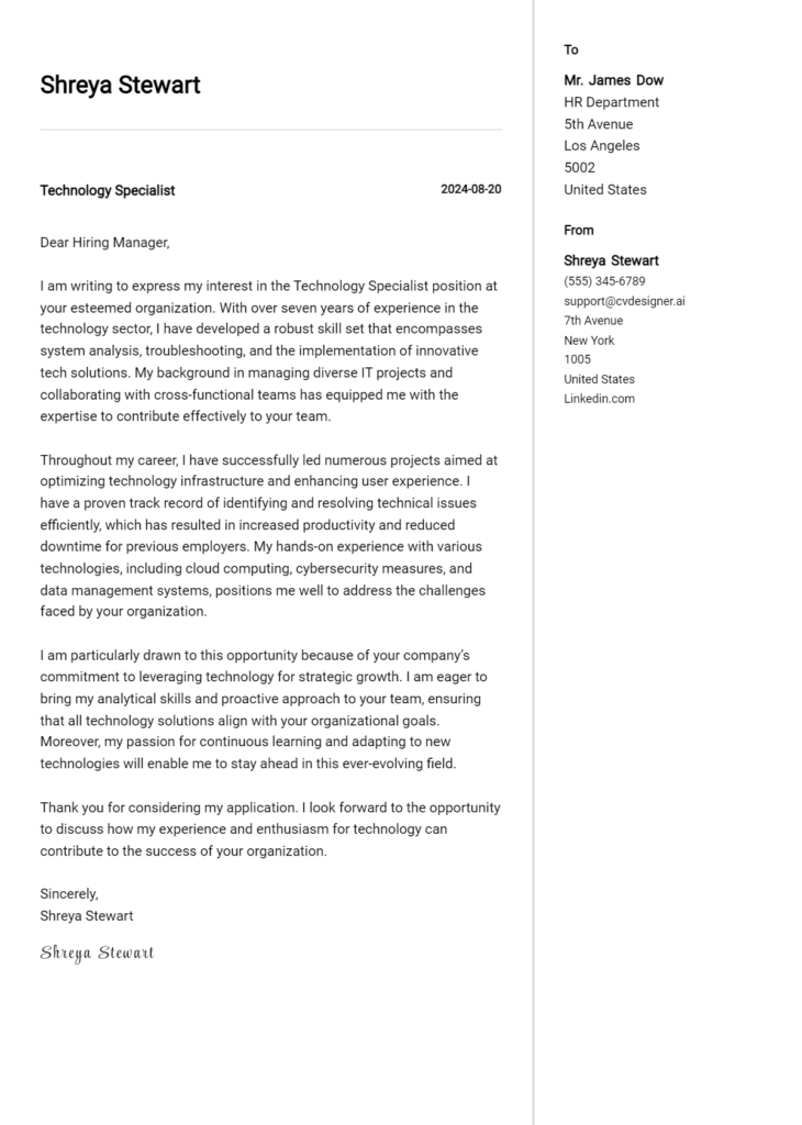 Technology Specialist Cover Letter Examples & Samples for 2024 ...