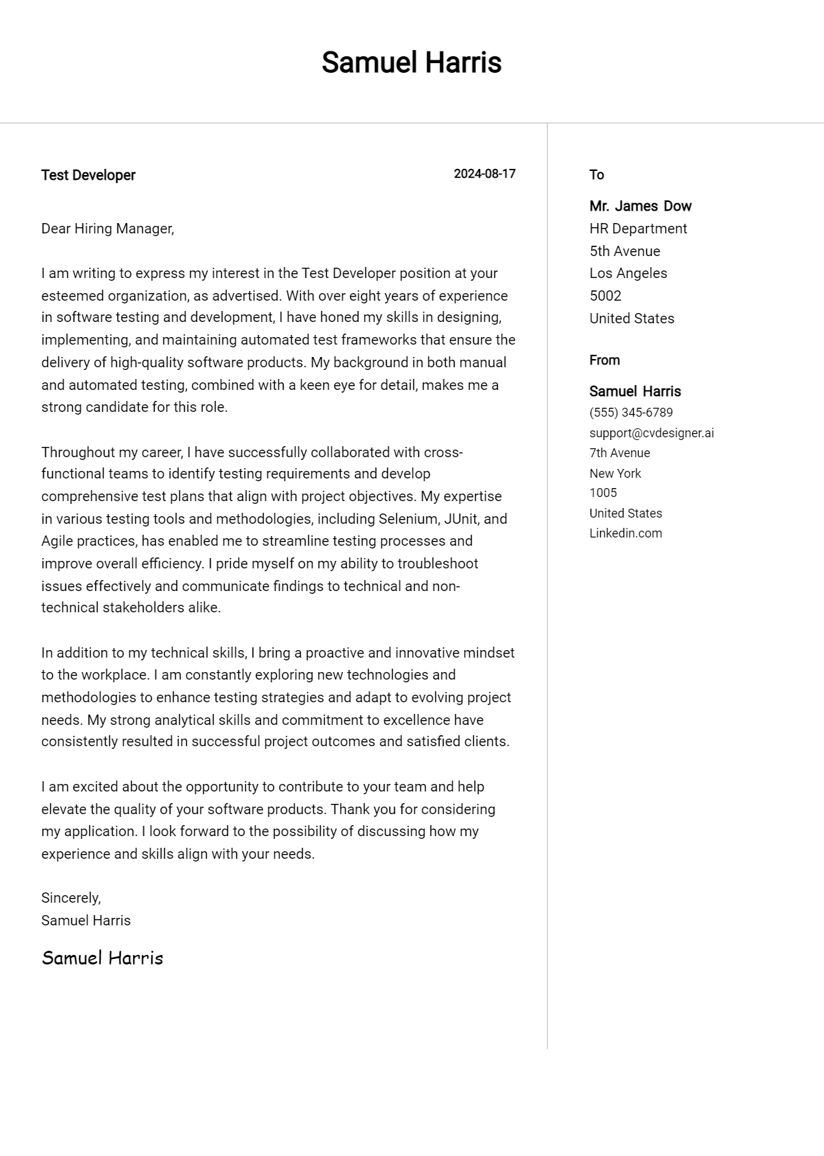 10 Test Developer Cover Letter Examples for 2024 (Free Templates ...
