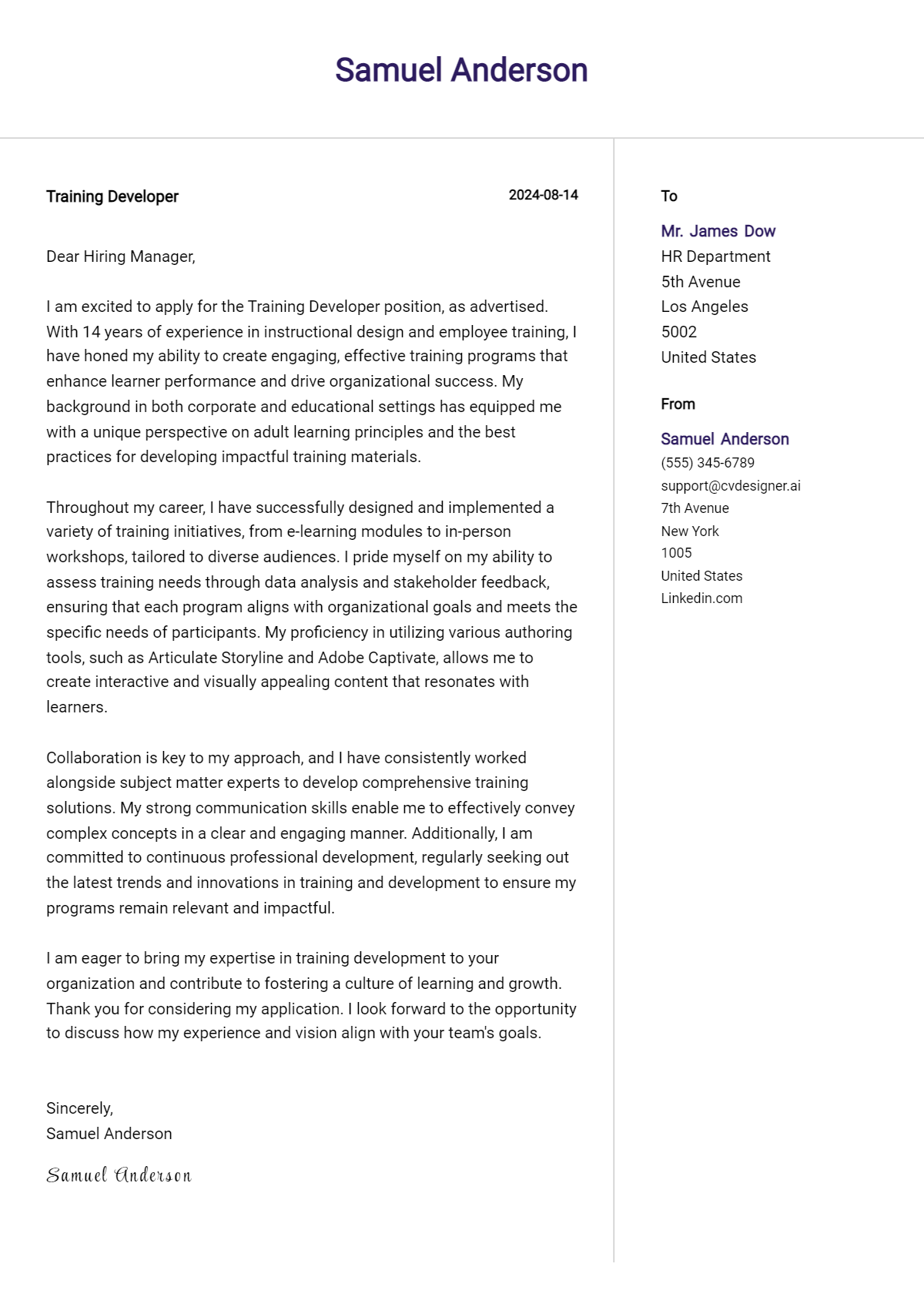 Training Developer Cover Letter Example for 2024: Free Templates ...