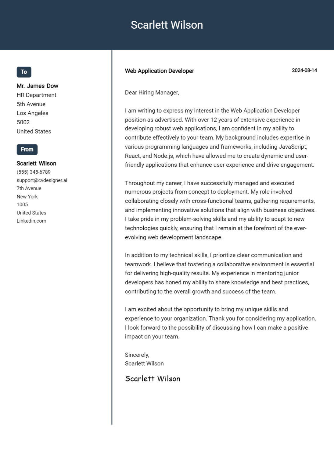 Web Application Developer Cover Letter Example for 2024: Proven Tips ...