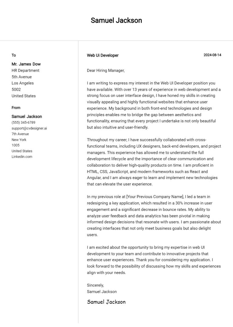 Web Ui Developer Cover Letter Example for 2025: Free Templates ...